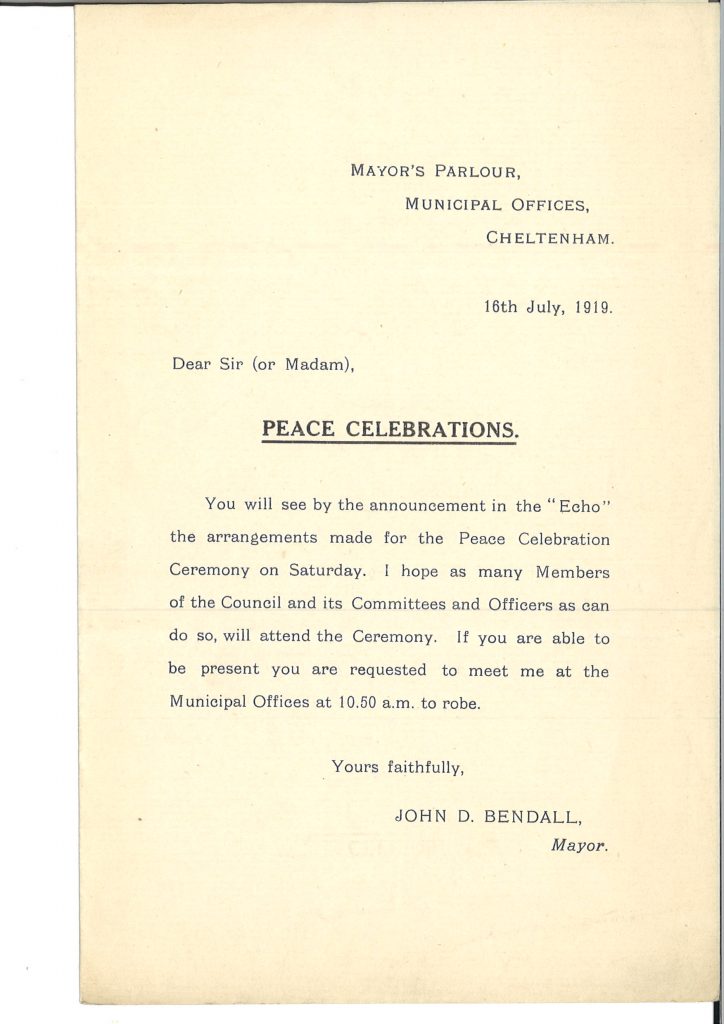 Peace Celebration letter mayor’s parlour – Cheltenham Remembers
